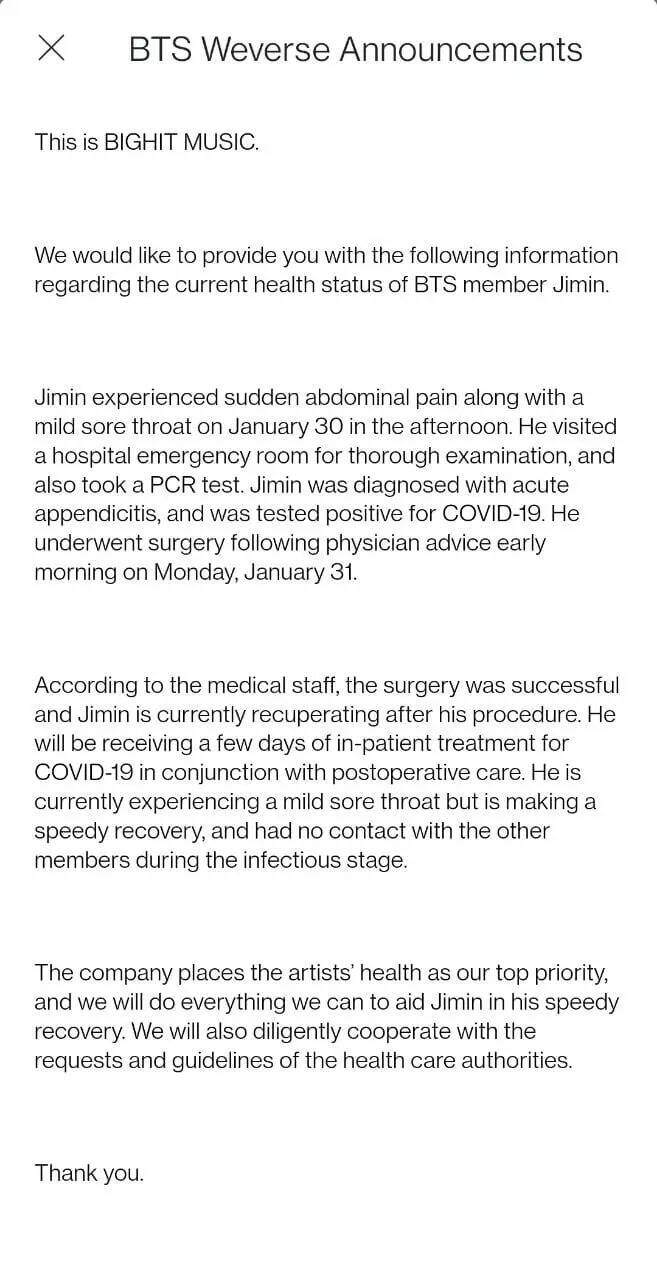 BTS' Jimin undergoes appendicitis surgery; tests positive for COVID-19