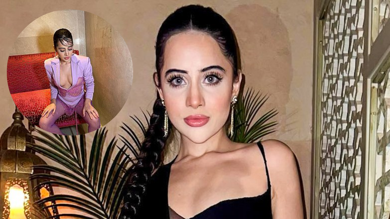 Urfi Javed in BOLD Lavender Butterfly-Themed Dress, Fish Net Stockings ...