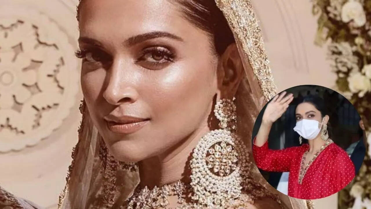 Deepika Padukone stuns in red kurta, statement earrings as she visits ...