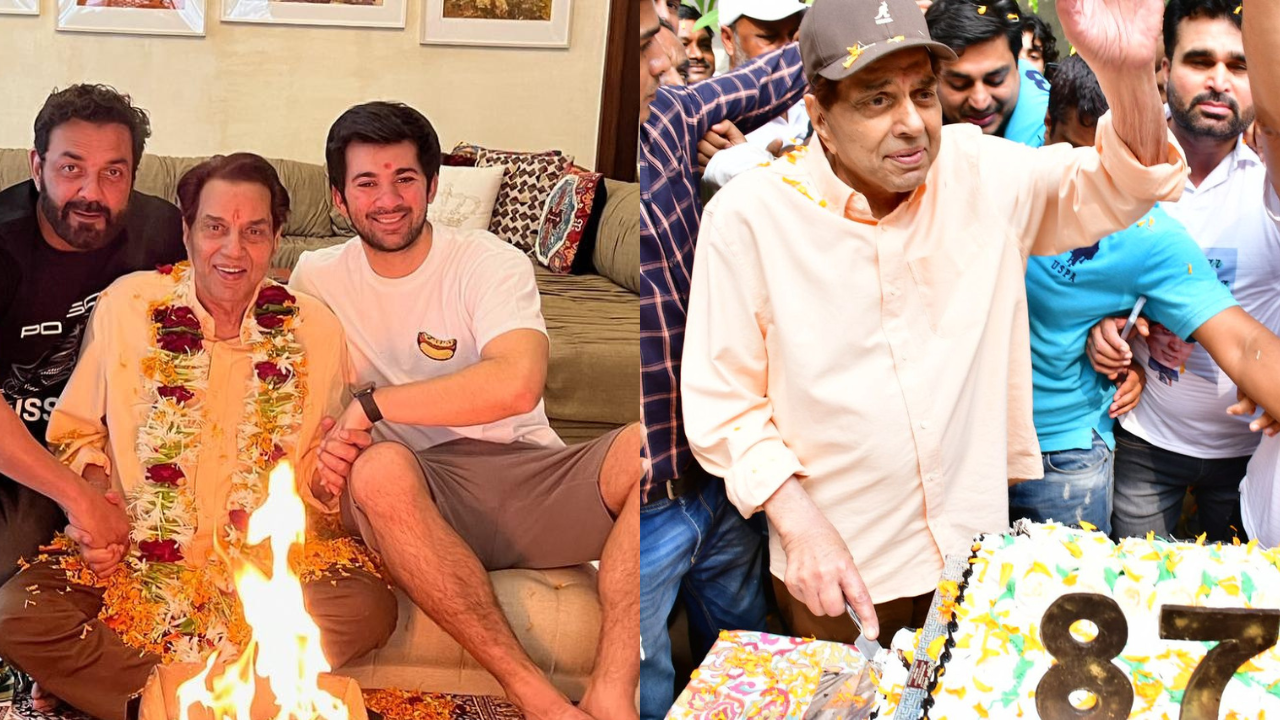 Dharmendra celebrates 87th birthday with son Bobby and grandson Karan ...