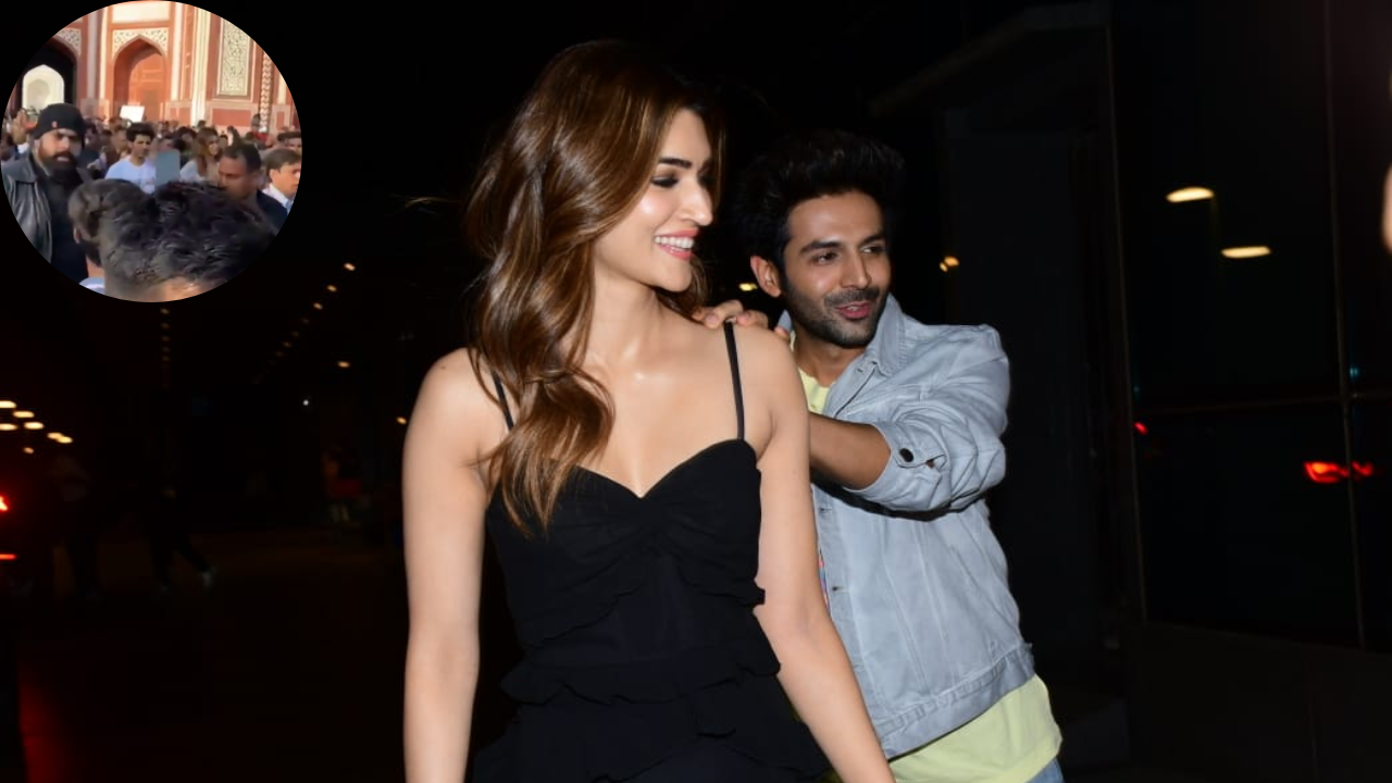 Kartik Aaryan, Kriti Sanon mobbed during Shehzada promotion at Taj Mahal. WATCH video, Celebrity ...